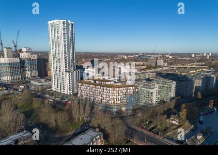 Aerial view of Hale Wharf, Tottenham Lock (No17) is a paired lock on ...
