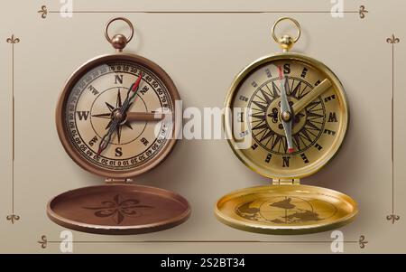 Realistic antique bronze and brass compass with wind rose arrows ...