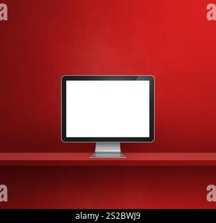Computer pc - red wall shelf. Vertical background. 3D Illustration ...