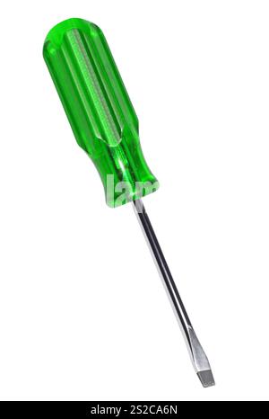 Green flat head screwdriver isolated on white background. Work tool ...