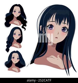Design of a female anime character . Anime hairstyles wigs. Isolated ...