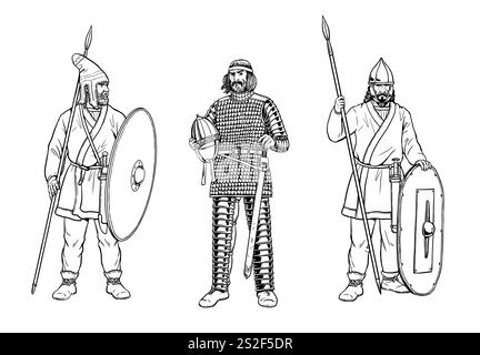Heavily armed Parthian warrior with guard. Historical drawing with ...