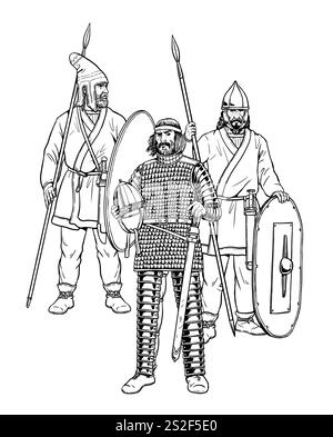Heavily armed Parthian warrior with guard. Historical drawing with ...
