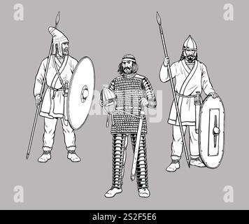 Heavily armed Parthian warrior with guard. Historical drawing with ...