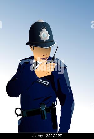 Policeman with walkie talkie radio. Police officer guardian cartoon ...