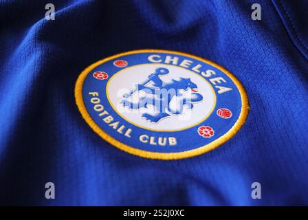 Angled close up photo of Chelsea FC club badge on the shirt with depth ...