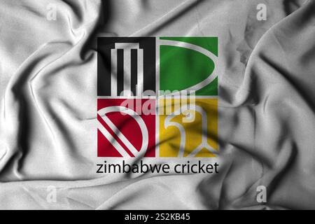 Zimbabwe and Namibia flag waving in the wind against white cloudy blue ...