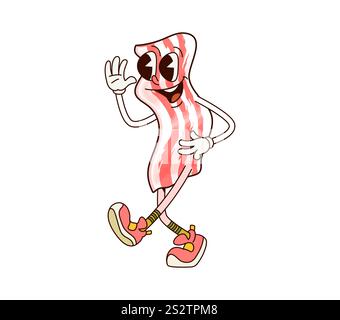 Retro groovy breakfast bacon and fried egg characters with ketchup ...