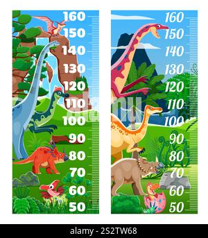 Kids height chart ruler with prehistoric dinosaurs. Vector growth meter ...