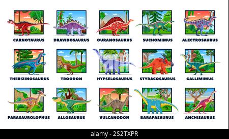Prehistoric dinosaurs and cartoon lizards species with names, vector ...