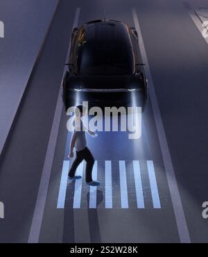 Car comes to a sudden stop in front of a pedestrian crossing the road ...
