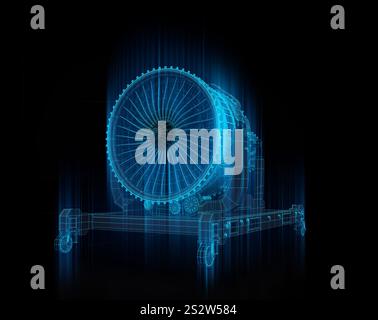 Wireframe image of an X-ray style jet engine. Digital twin concept ...