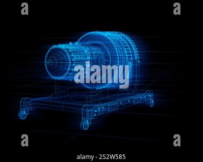 Wireframe image of an X-ray style jet engine. Digital twin concept ...