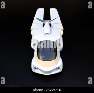 Concept image of a flying car (flying car) with wings stored in a black ...