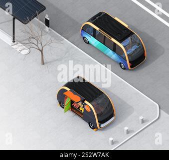 Isometric image of an automated shuttle bus stopping at a bus stop ...
