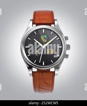 Smartwatch with leather band. Analogue dial, hands and digital screen ...
