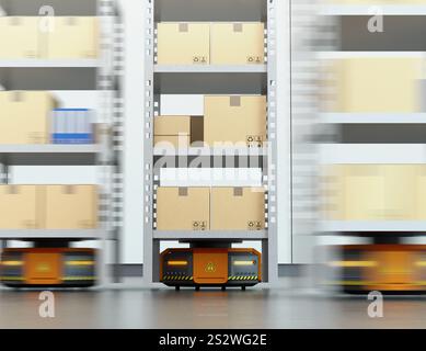 Orange robot carrying a product shelf. Concept of a logistics support ...