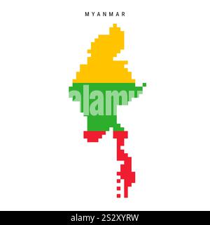 Myanmar flag, mosaic map on white background. Wavy ribbon with myanmar ...