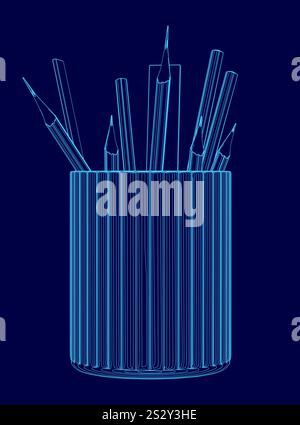 Blue pencil holder with pencils in it. The pencils are all different ...