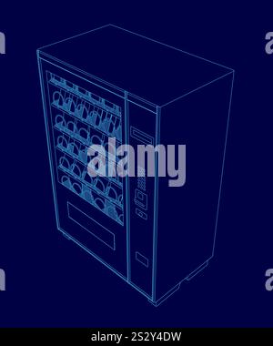 Vending machine with a blue background is shown in a blue drawing. The ...