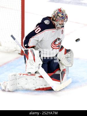 Columbus Blue Jackets' Elvis Merzlikins plays against the Dallas Stars ...