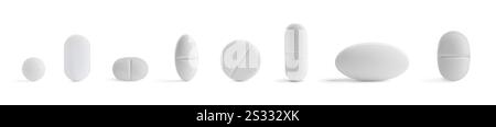 Different pills in row isolated on white, set Stock Photo - Alamy