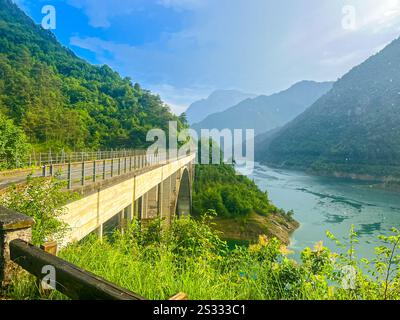 Valvestino lake and Recchi bridge on summer rainy day, Italy Stock ...