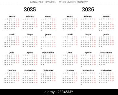 2025 and 2026 spanish year calendars. Vector illustration set for Spain ...