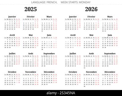 2025 and 2026 year french calendars. Printable vector illustration set ...