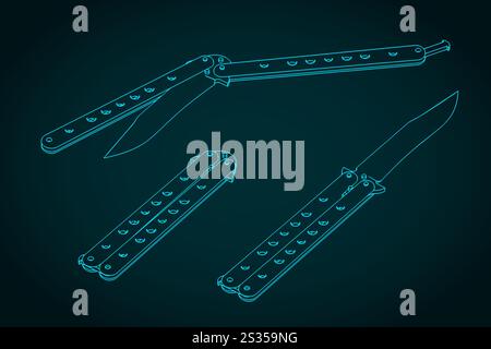 Stylized vector illustration of butterfly knife isometric blueprints ...