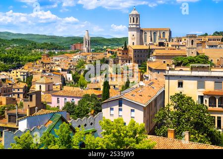 Panoramic aerial view of Girona and cathedral in a beautiful summer day ...