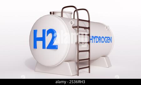 A 3d rendering of cylindrical tank labeled "HYDROGEN H2" in blue ...
