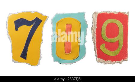 Handmade 3, 2 and 1 numbers created from torn colorful magazine paper ...