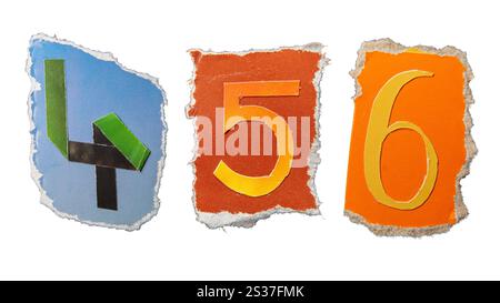 Handmade 7, 8 and 9 numbers created from torn colorful magazine paper ...