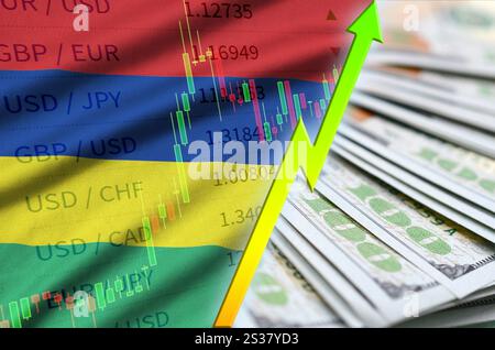 Mauritius flag and chart growing US dollar position with a fan of ...