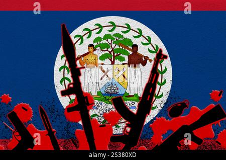 Belize flag and various weapons in red blood. Concept for terror attack ...