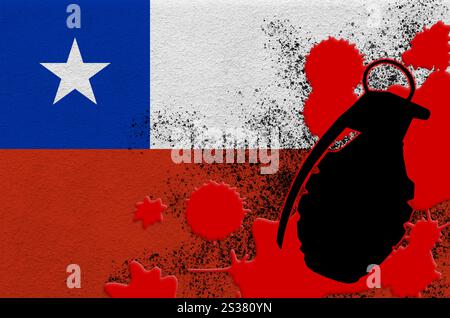 Chile flag and MK2 frag grenade in red blood. Concept for terror attack ...