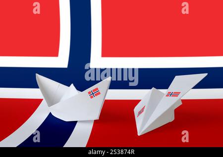 Norway flag depicted on paper origami airplane. Oriental handmade arts ...