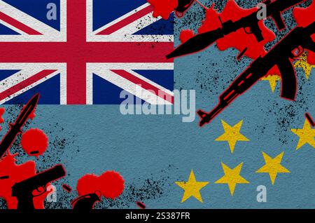 Tuvalu flag and various weapons in red blood. Concept for terror attack ...