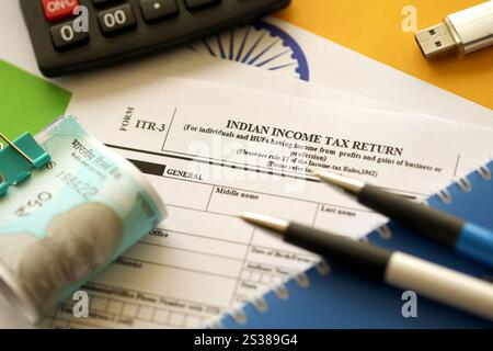 Indian income tax return blank forms on indian country flag close up ...