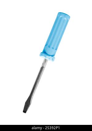 of a screwdriver with a blue handle on an isolated white background ...