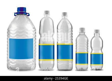 Bottled water in 5 sizes isolated on white background. Bottled water in ...