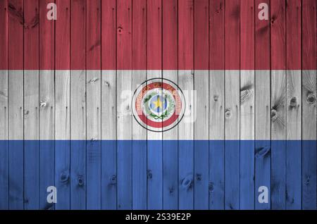 Paraguay flag depicted in bright paint colors on old wooden wall close ...