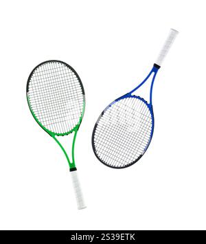 Two blue-handled tennis rackets with red grips and yellow tennis balls ...