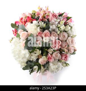 Bouquet of white alstroemeria flowers and eucalyptus branches on color ...