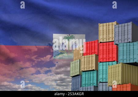 Haiti flag and big stack of shipping cargo containers in docks with sky ...