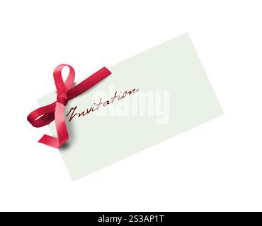 close up of a greeting card note with red ribbon on white background ...