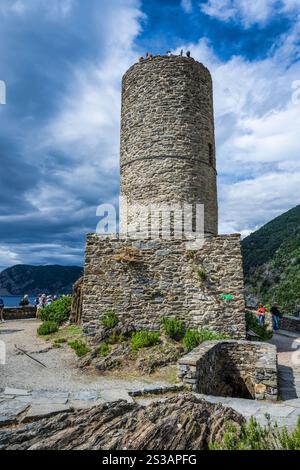 Castle lookout tower, Village of Vernazza Cinque Terre, Italy Stock ...