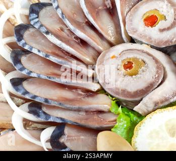 various sliced fish close up. various sliced fish Stock Photo - Alamy