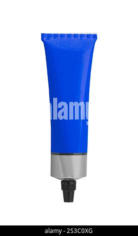 Adhesive tube with blue lid on white rustic wood background for craft ...